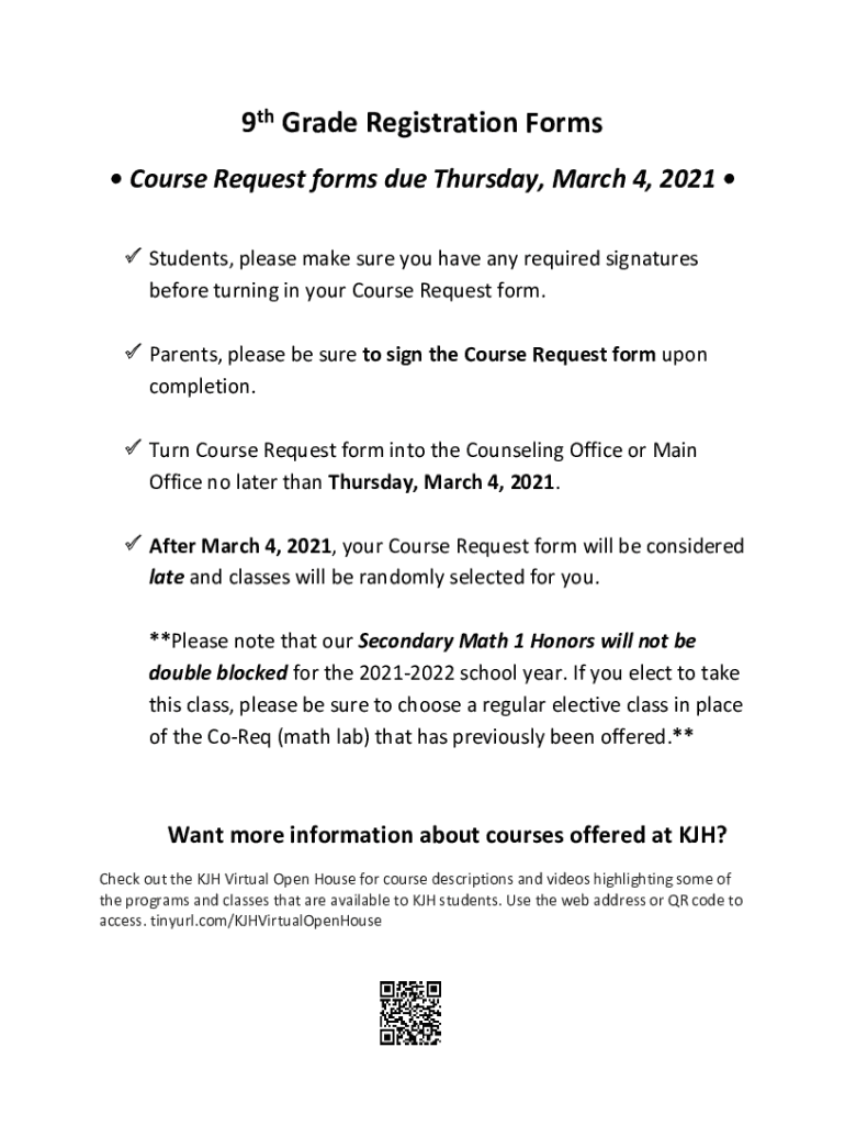 Fillable Online 9th Grade Registration Forms Fax Email Print - pdfFiller