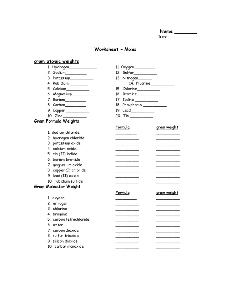 Fillable Online Worksheet: Mole/Mass Problems Fax Email Print - pdfFiller