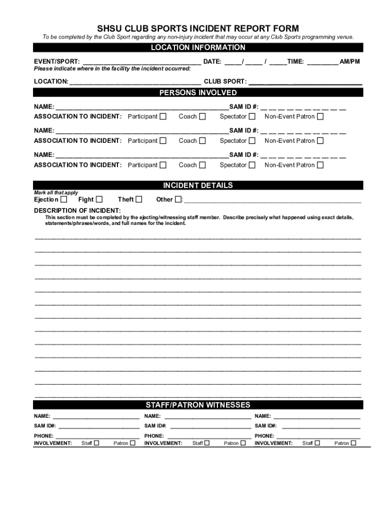 Fillable Online SHSU Club Sports Incident Form Fax Email Print - pdfFiller