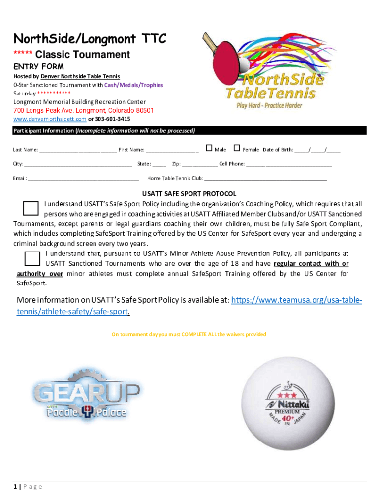 Fillable Online Tournaments - Denver Northside Table Tennis Club Fax ...