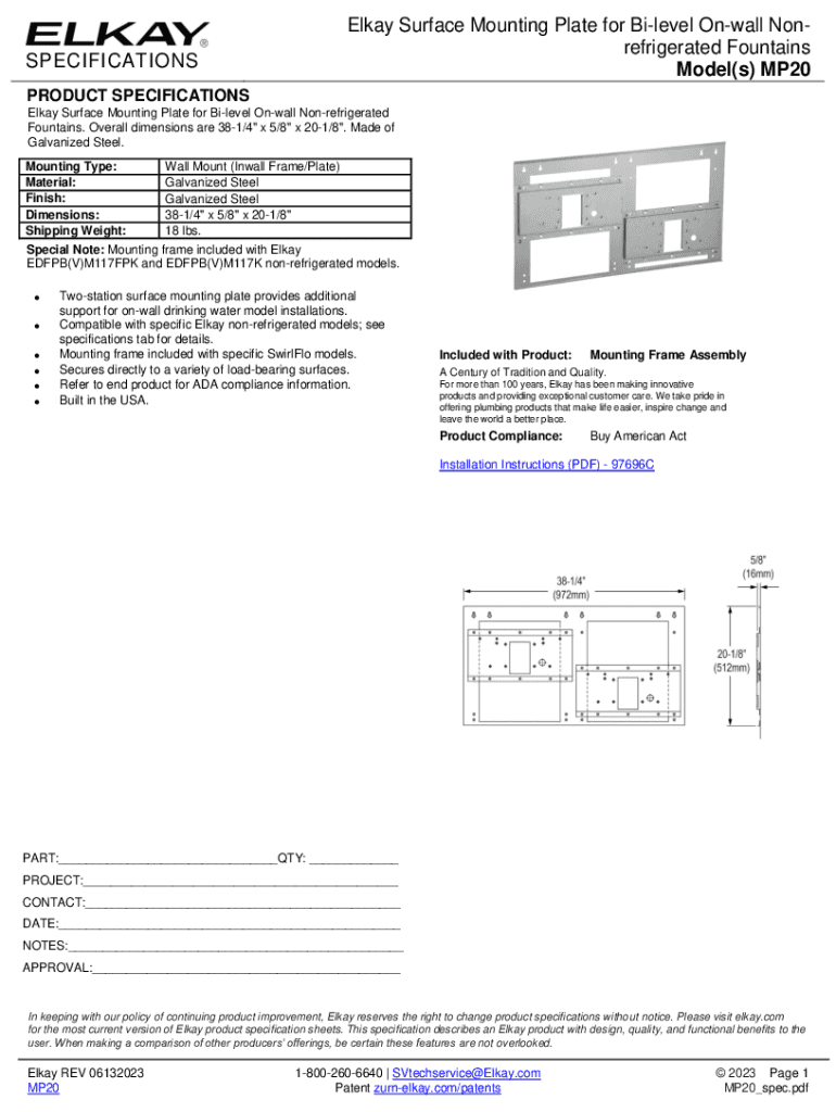 Fillable Online Elkay Surface Mounting Plate for Bi-level On-wall Non ... Fax Email Print ...