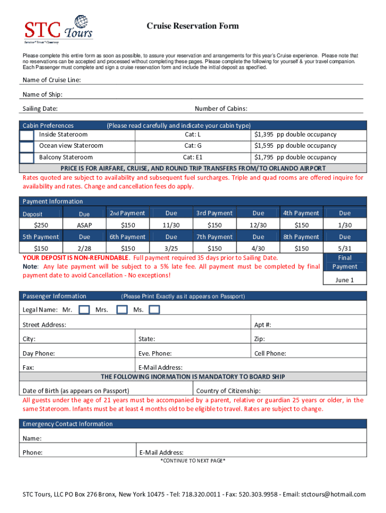 Fillable Online Cruise Reservation Form Fax Email Print - pdfFiller