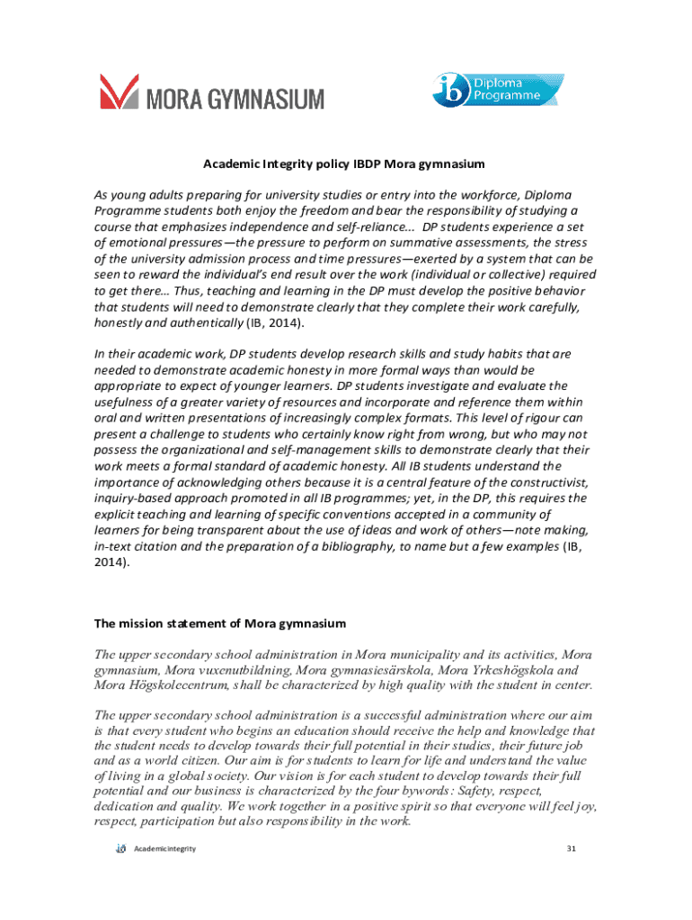 Fillable Online Academic Integrity policy IBDP Mora gymnasium Fax Email Print - pdfFiller