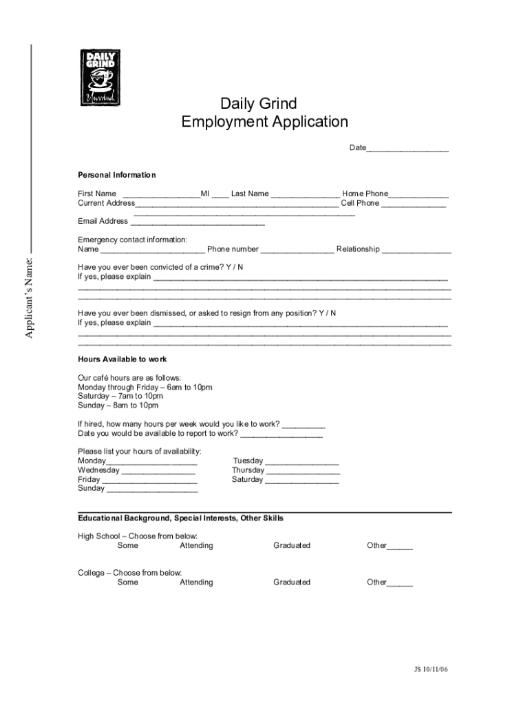 Fillable Online Daily Grind Employment Application Fax Email Print ...