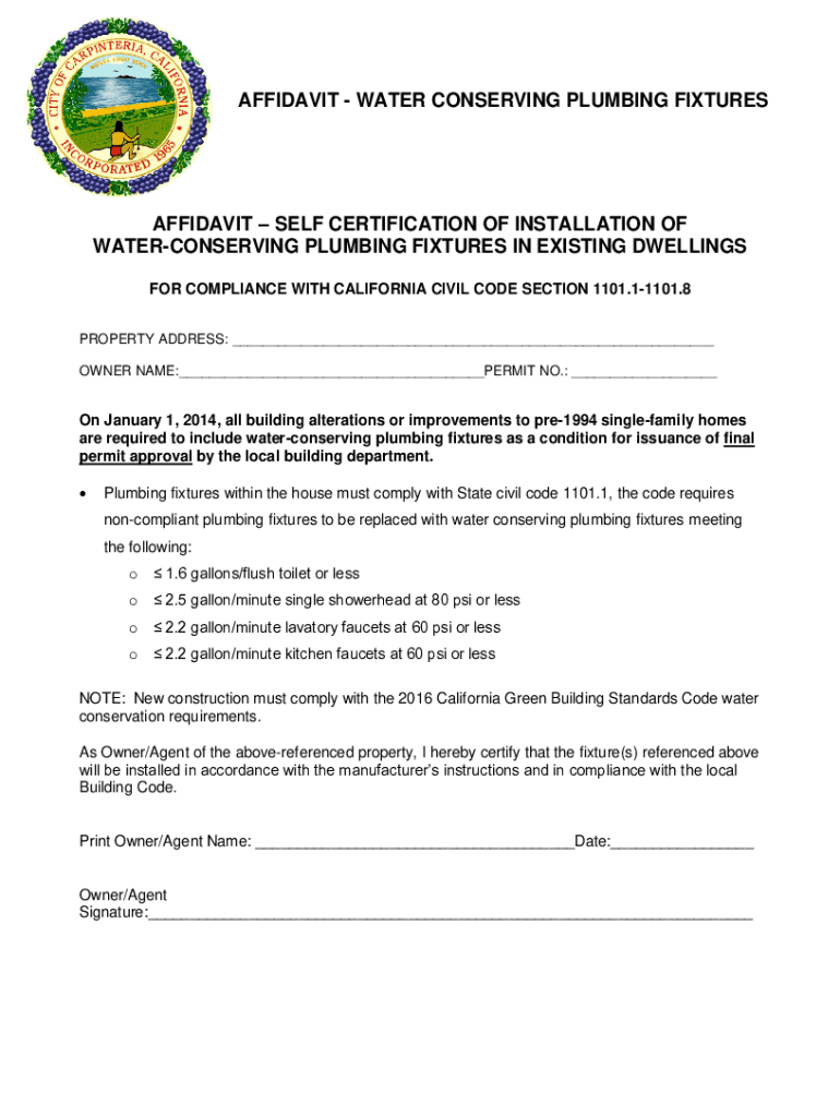 Fillable Online Plumbing Fixture Replacement Affidavit For One or Two ...