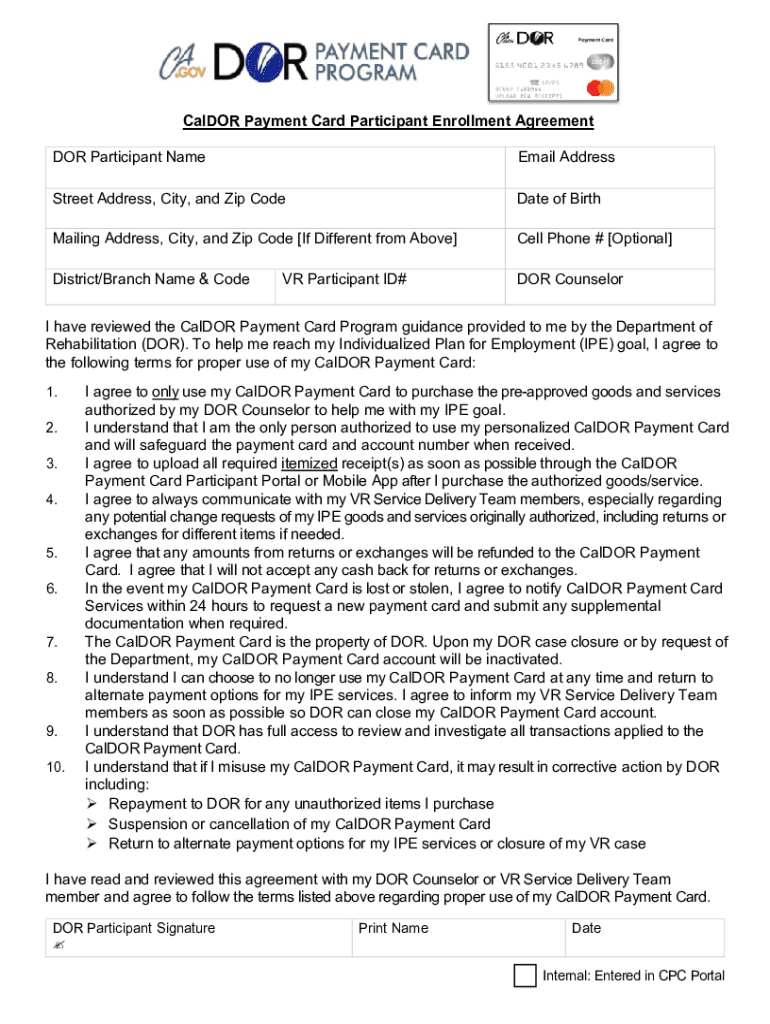 Fillable Online CalDOR Payment Card Participant Enrollment Agreement ...