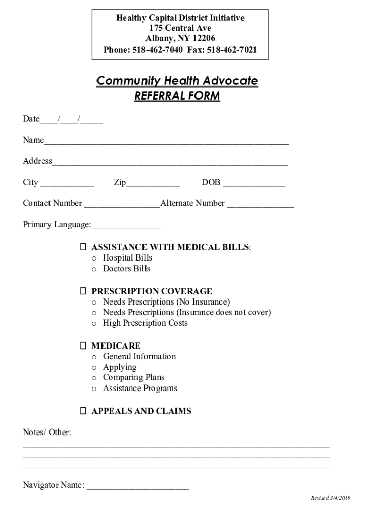 Fillable Online Community Health Advocate REFERRAL FORM Fax Email Print ...