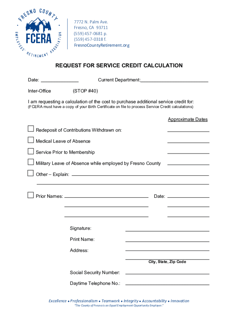 Fillable Online REQUEST FOR SERVICE CREDIT CALCULATION Fax Email Print ...
