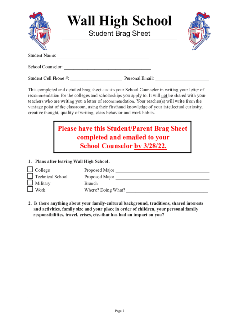 Fillable Online SHERWOOD HIGH SCHOOL STUDENT BRAG SHEET Fax Email Print ...