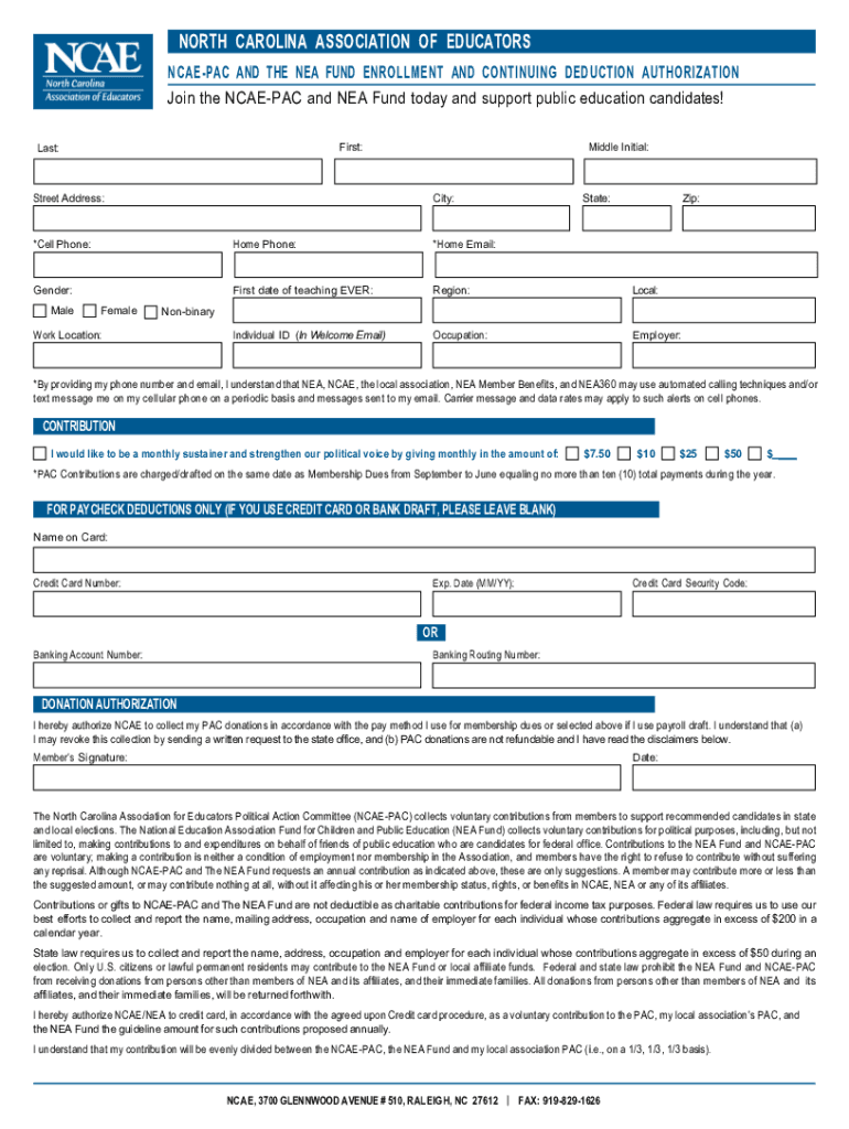 Fillable Online North Carolina - NEA - Student Enrollment Form Page Fax ...