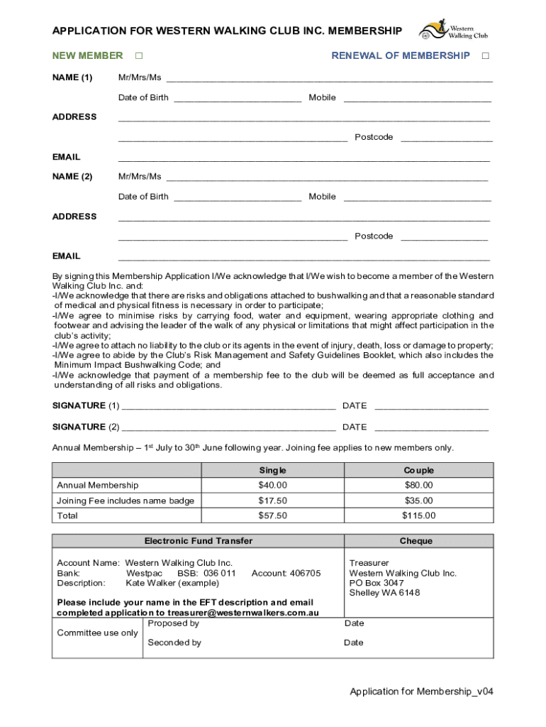 Fillable Online Phoenix Walking Club Membership Application Form Fax ...