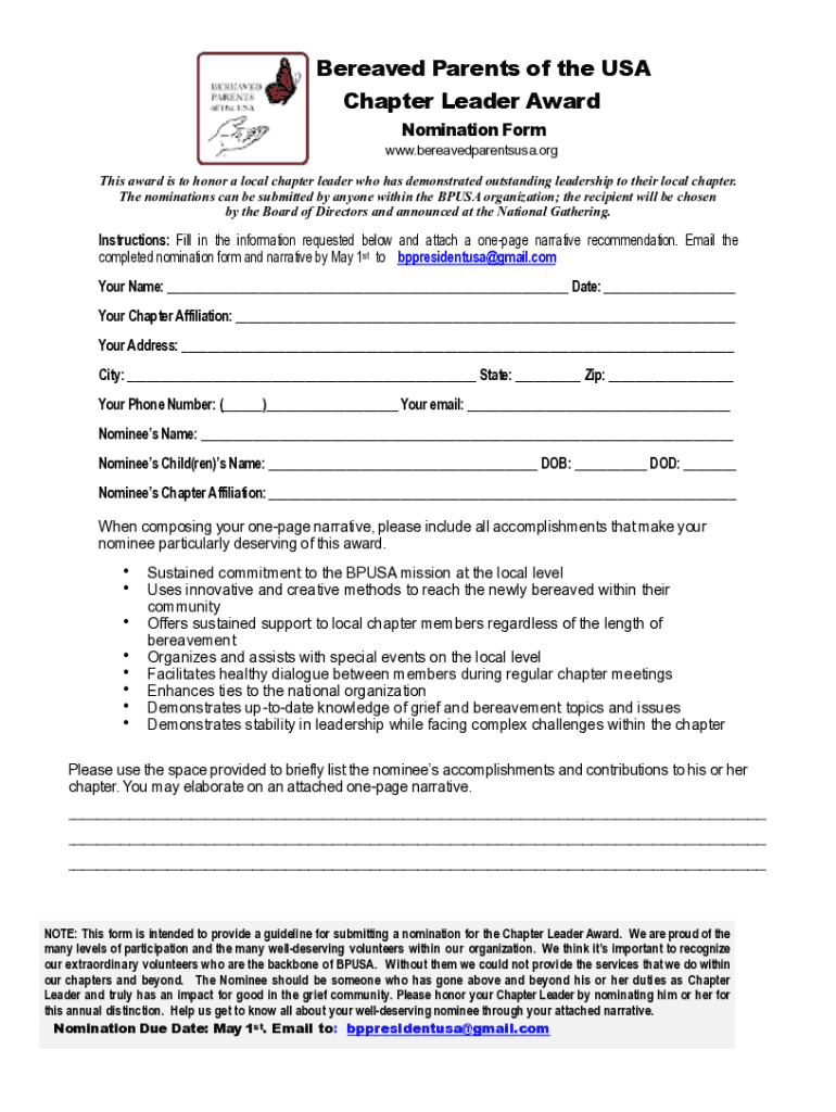 Fillable Online Chapter Leader Award Nomination Form Fax Email Print ...