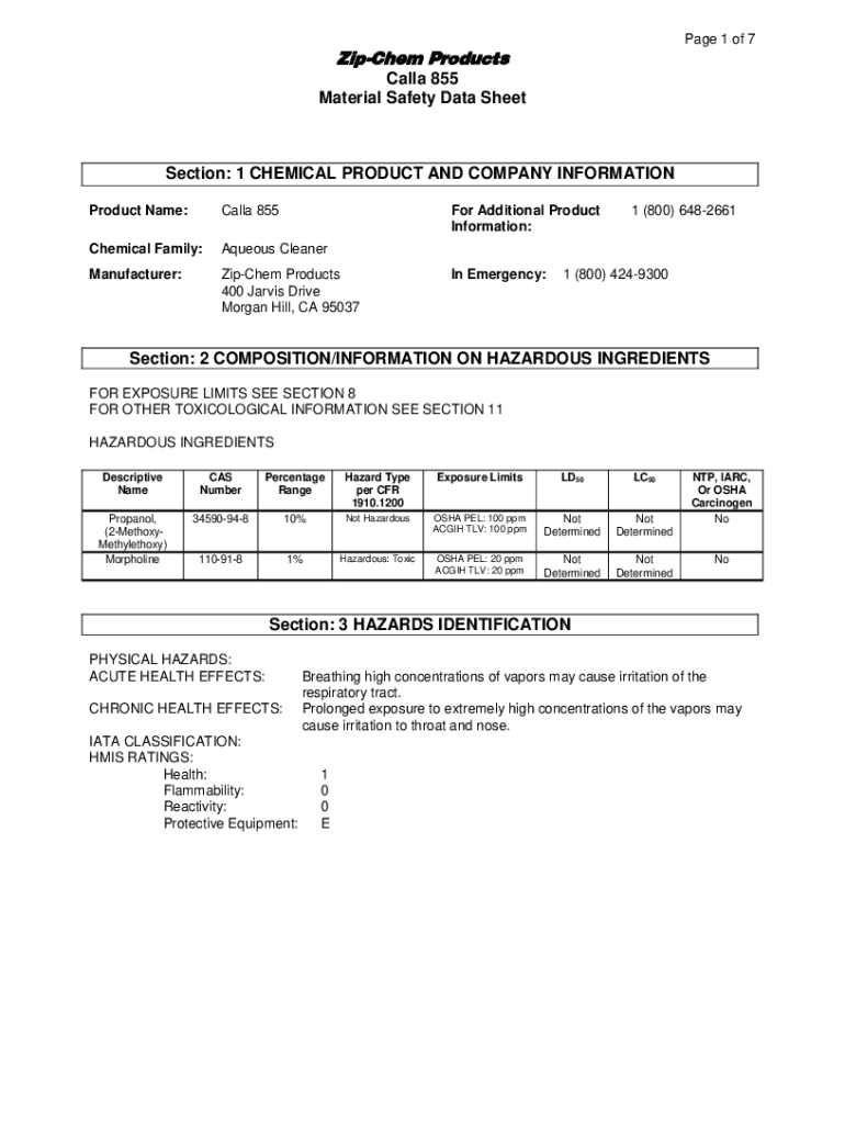 Fillable Online Zip-Chem Products Calla 1452 Material Safety Data Fax ...