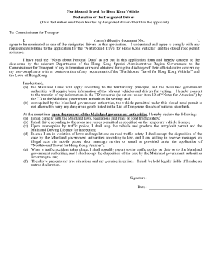Fillable Online Northbound Travel for Hong Kong Vehicles Declaration of ...