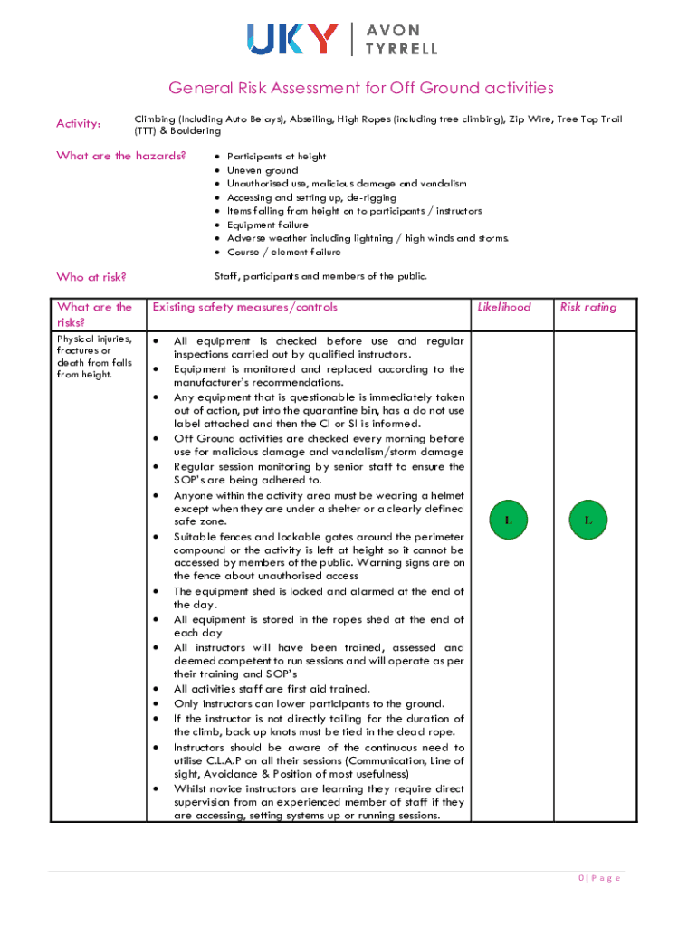 Fillable Online General Risk Assessment for Off Ground activities Fax Email Print - pdfFiller