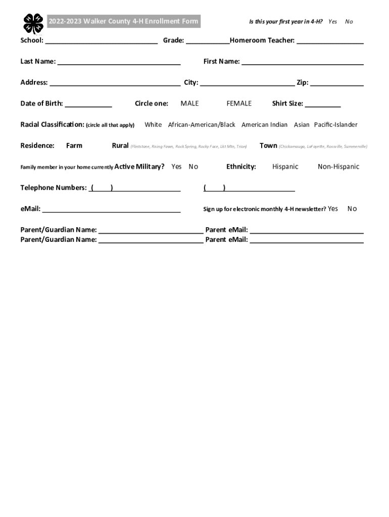Fillable Online 2022-2023 Walker County 4-H Enrollment Form School Fax ...