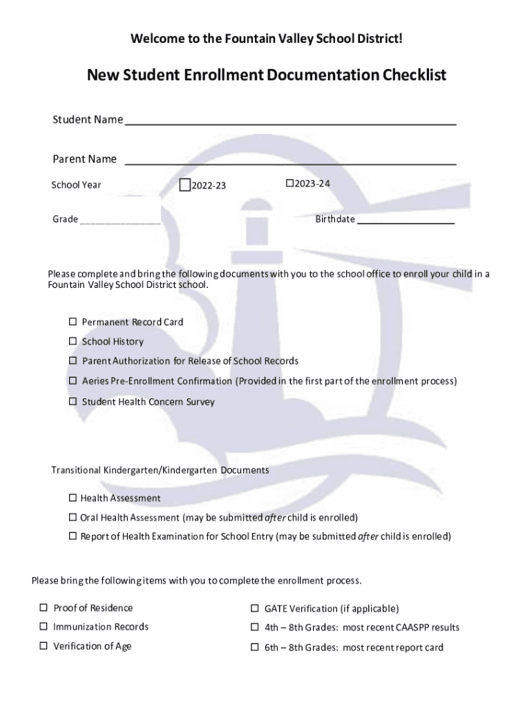 Fillable Online New Student Pre-Enrollment Documentation Checklist Fax ...