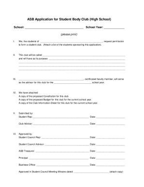 Fillable Online ASB Application for Student Body Club (High School) Fax ...