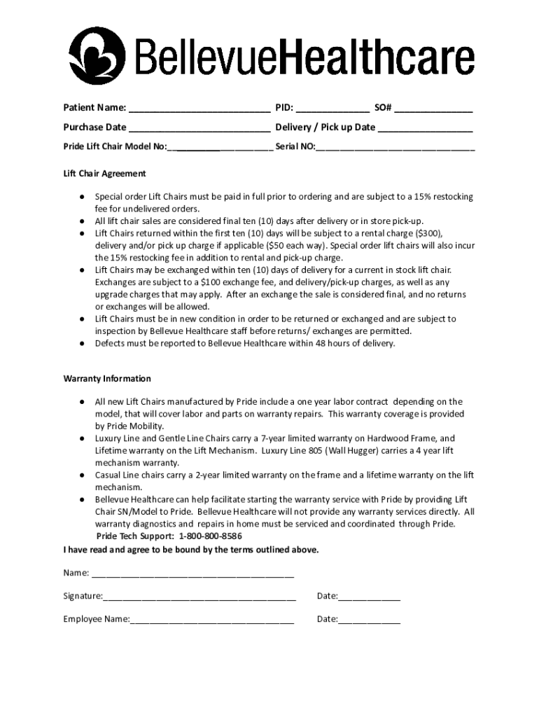Fillable Online Lift Chair Agreement-Pride Fax Email Print - pdfFiller
