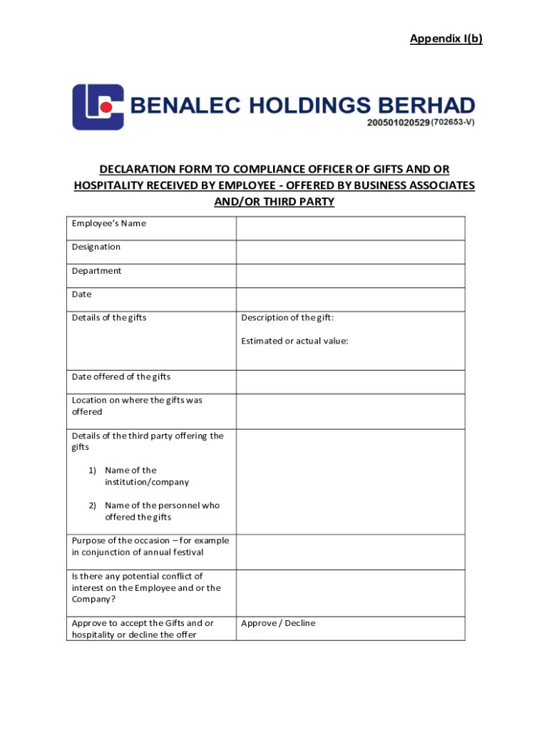 Fillable Online Gifts declaration form (external parties to employee ...