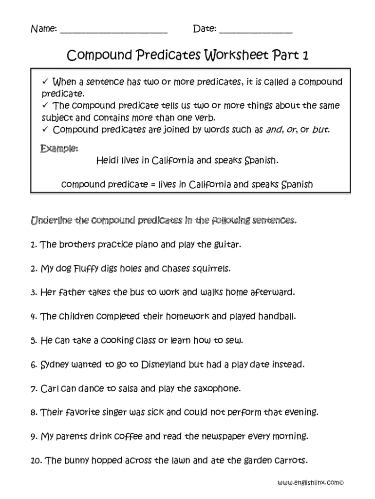 Fillable Online Compound Predicate Worksheet Part 1Subject and ... Fax ...
