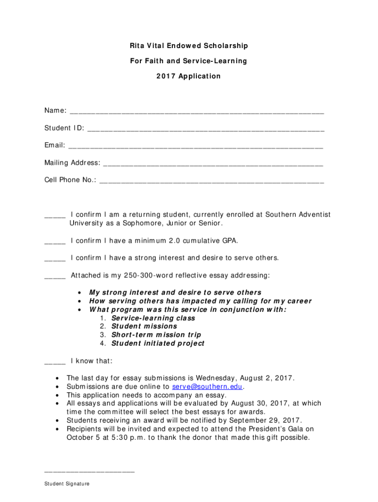 Fillable Online Rita Vital Endowed Scholarship For Faith and Service ...