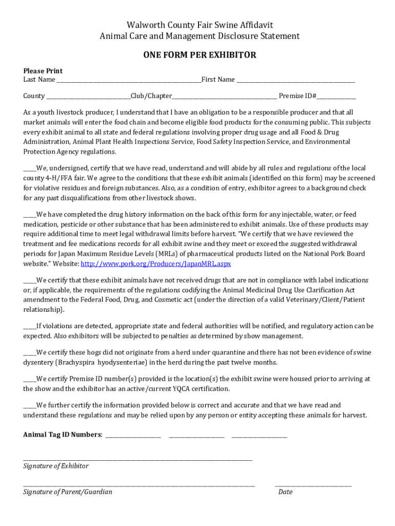 Fillable Online Walworth County Fair Swine Affidavit Animal Care and ...