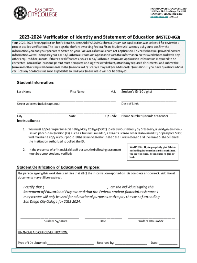 Fillable Online 2023-2024 Verification of Identity and Statement of Education (MSTED-#G3) Fax ...