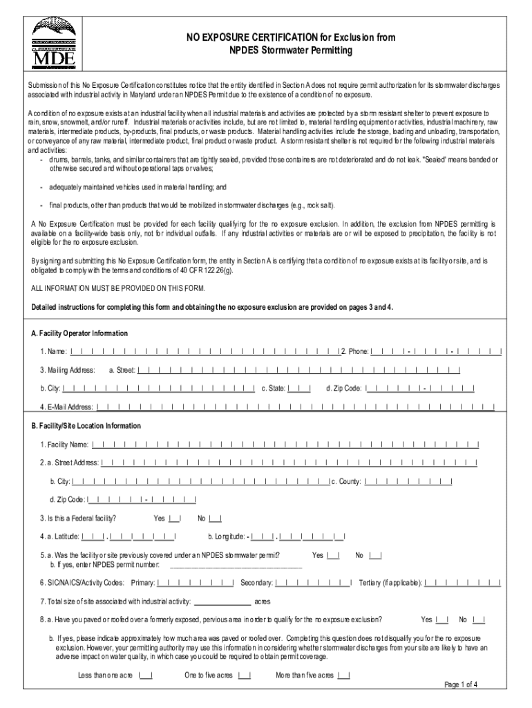 Fillable Online mde maryland NO EXPOSURE CERTIFICATION FORM For ...
