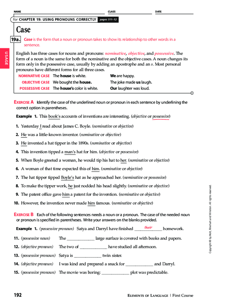 Fillable Online Case is the form that a noun or pronoun takes to show its ... Fax Email Print ...
