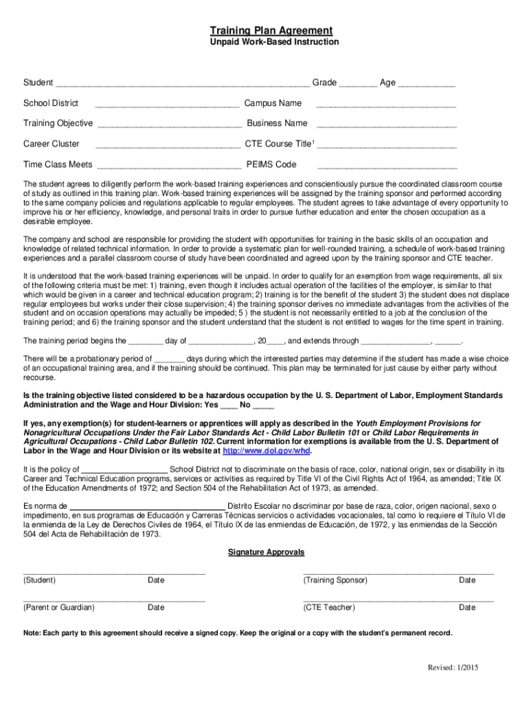 Fillable Online Training Plan Agreement 15-16 Paid Work-Based Instruction Fax Email Print ...