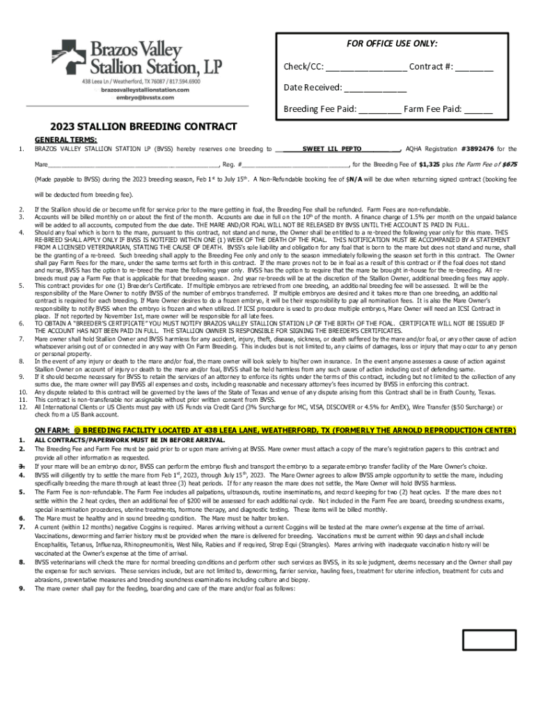 Fillable Online 2023 STALLION BREEDING CONTRACT FOR OFFICE USE ONLY Fax ...