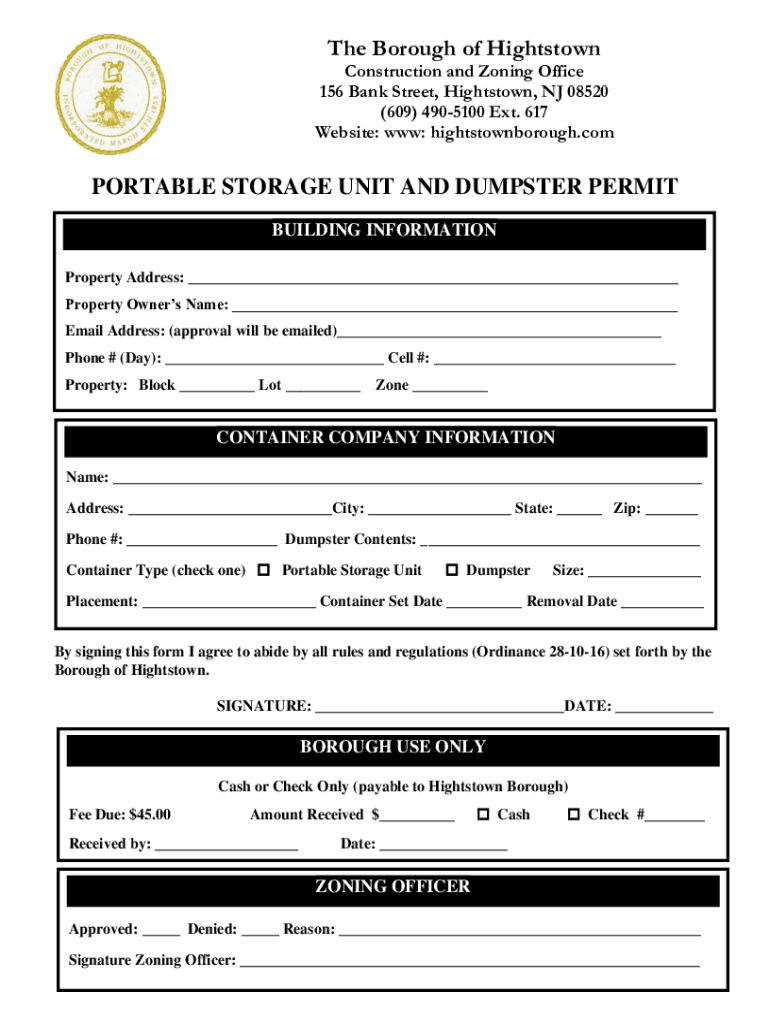 Fillable Online PORTABLE STORAGE UNIT AND DUMPSTER PERMIT Fax Email ...