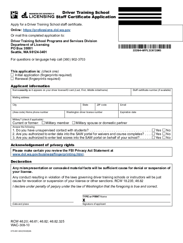 Fillable Online Driver Training School Staff Certificate Application ...