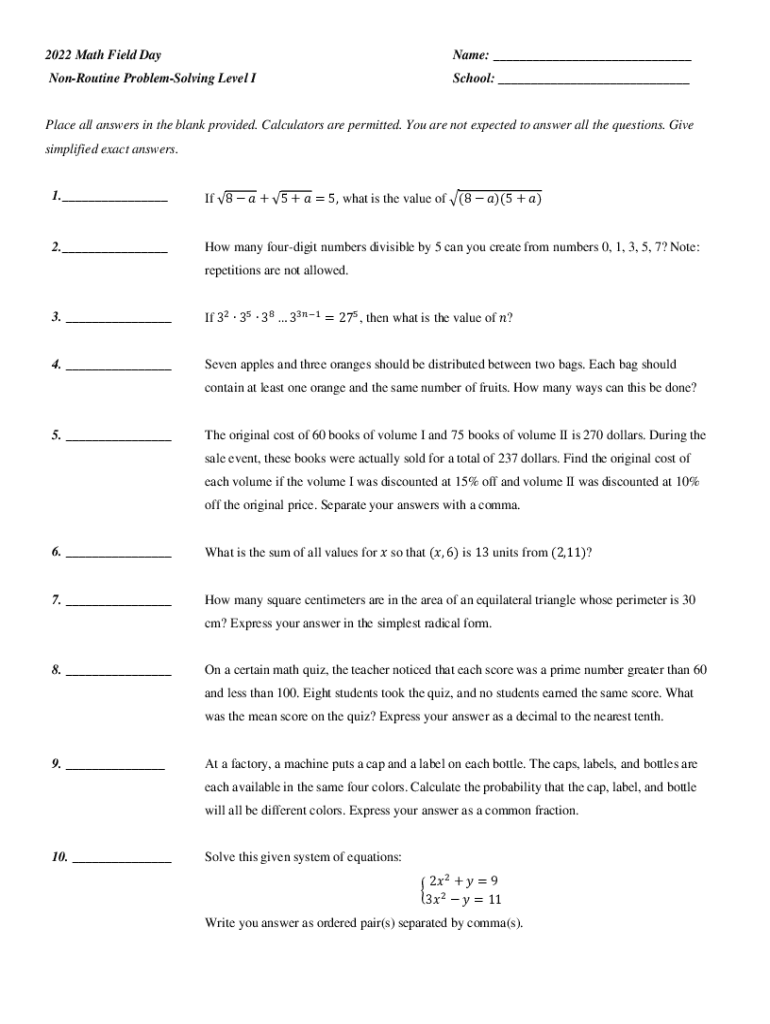 Fillable Online Non-Routine Problem Solving Level I 9th-10th Fax Email ...