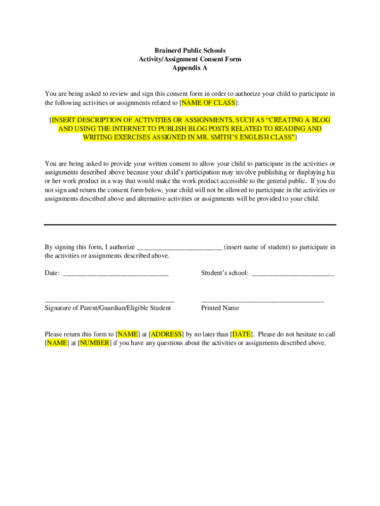 Fillable Online Brainerd Public Schools Activity/Assignment Consent ...