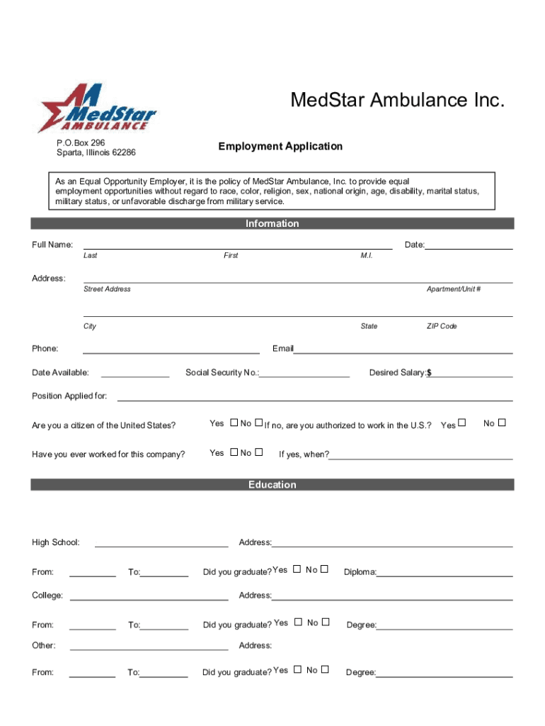 Fillable Online Employment Application - MedStar Ambulance Inc. Fax ...