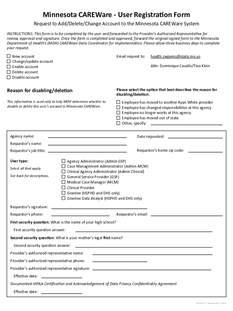 Fillable Online Fillable Online health state mn minnesota careware form ...