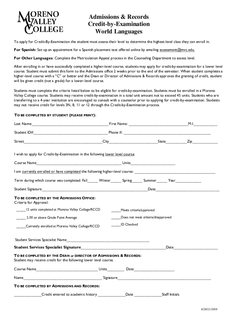 Fillable Online Form - Credit by Exam for World Languages Fax Email ...