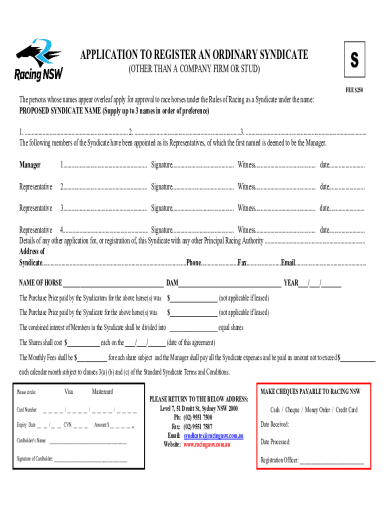 Fillable Online Application to Register An Ordinary Syndicate Fax Email ...