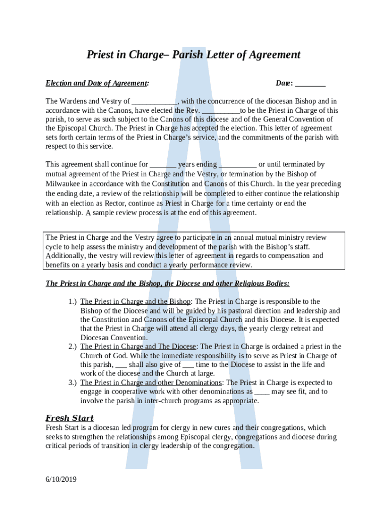 Priest in Charge Parish Letter of Agreement Doc Template | pdfFiller