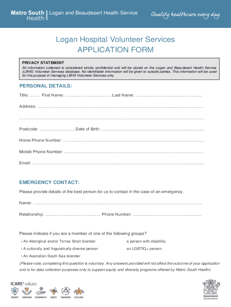 Fillable Online metrosouth health qld gov LBHSLogan Hospital Volunteer ...
