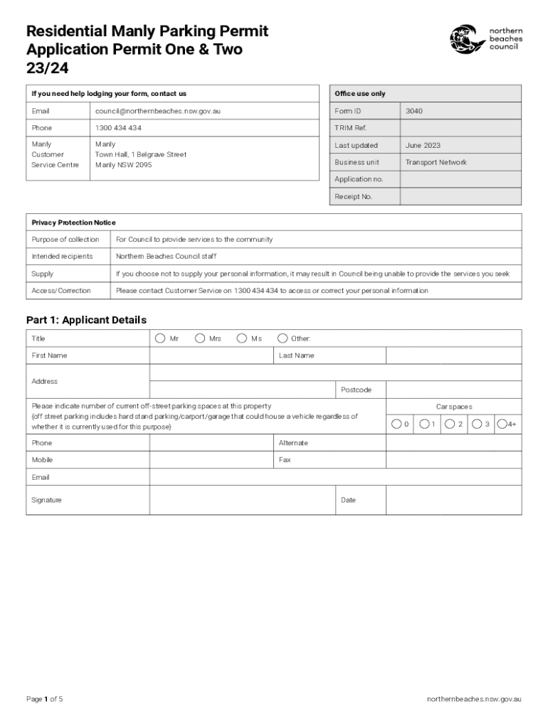 Fillable Online Residential Manly Parking Permit Application Permit One & Two 23/24 Fax Email ...