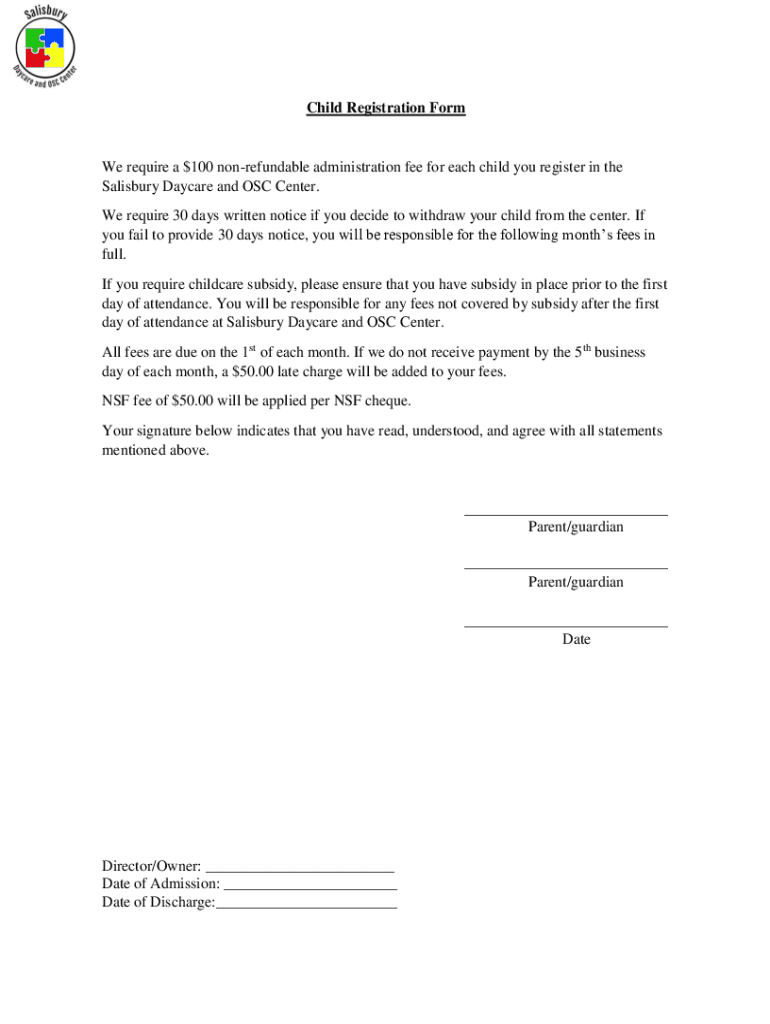 Fillable Online Child Registration Form We require a $100 non ...