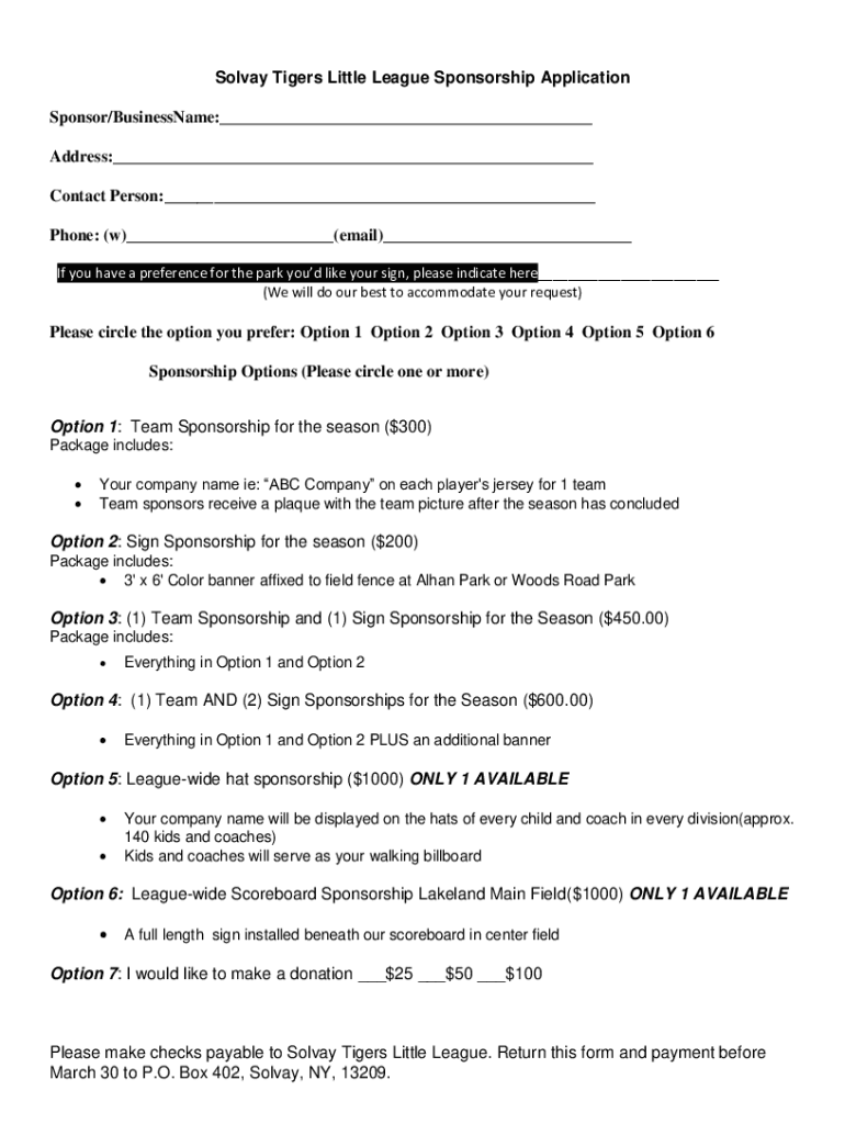 Fillable Online Solvay Tigers Little League Sponsorship Application Fax ...