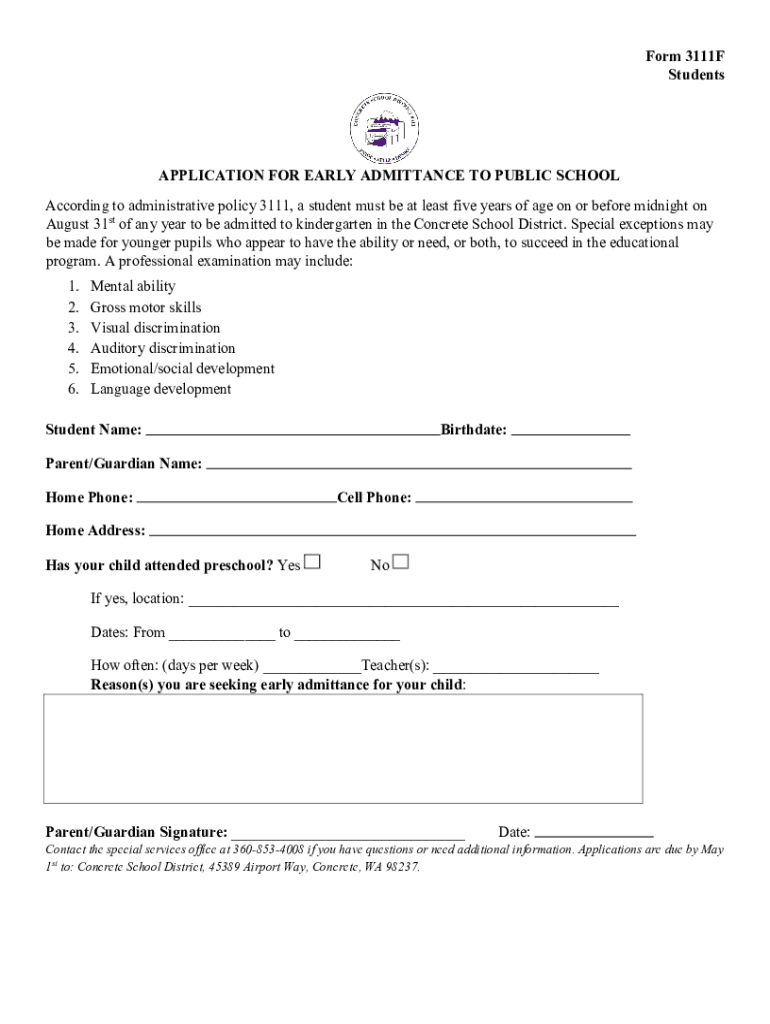 Fillable Online Form 3111 - Application for Early Admittance to Public ...