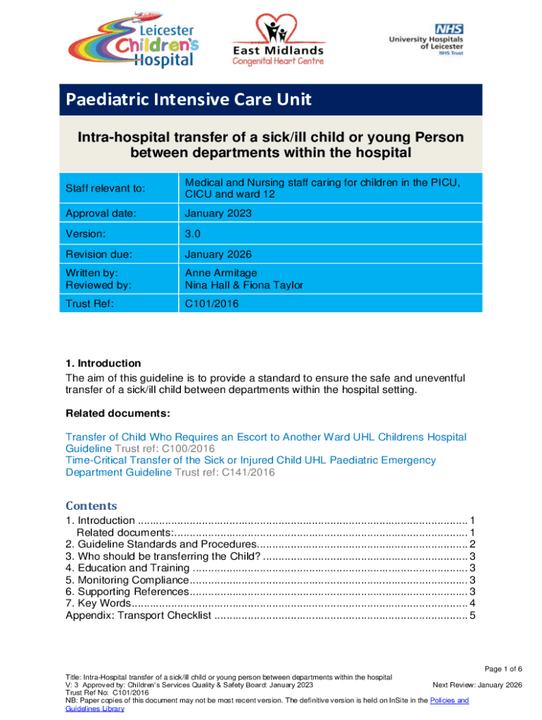 Fillable Online Intra-hospital transfer of a sick/ill child or young ...