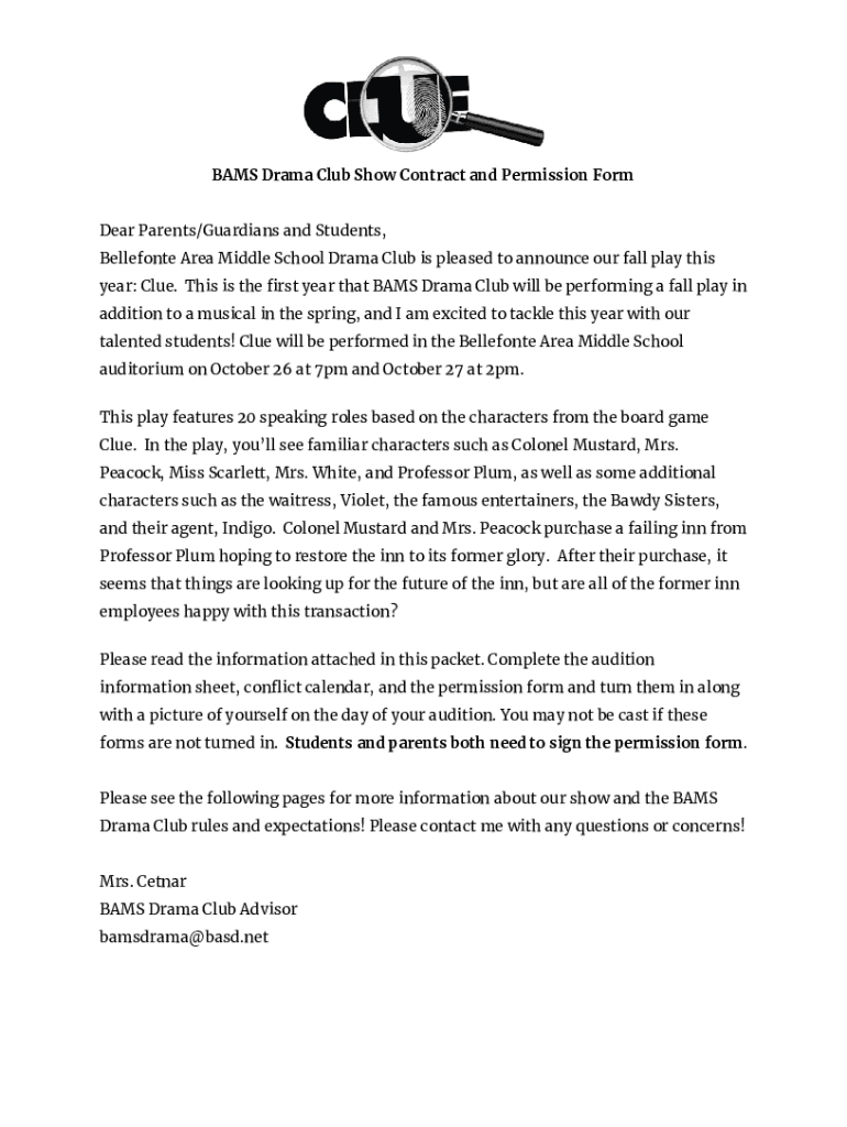 Fillable Online BAMS Drama Club Show Contract and Permission Form Fax ...