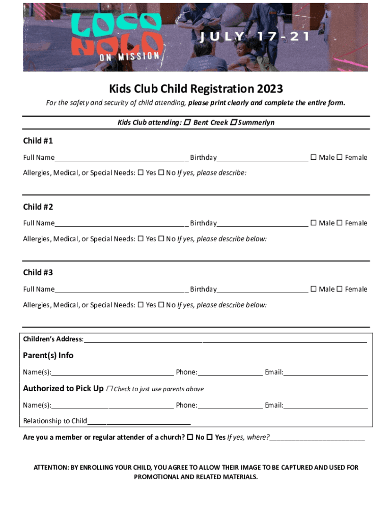 Fillable Online Kids Club Enrollment Forms Fax Email Print - pdfFiller