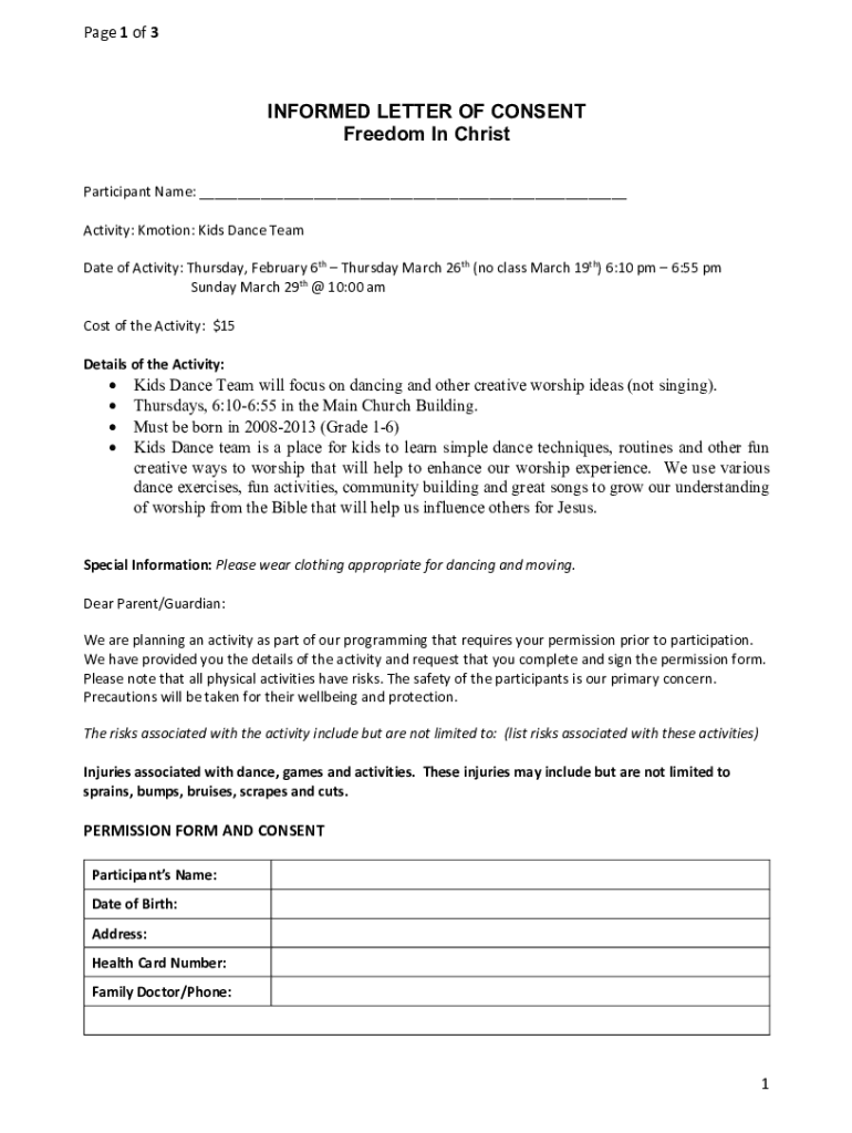 Fillable Online Informed Letter of Consent - Kmotion Dance Team Winter ...
